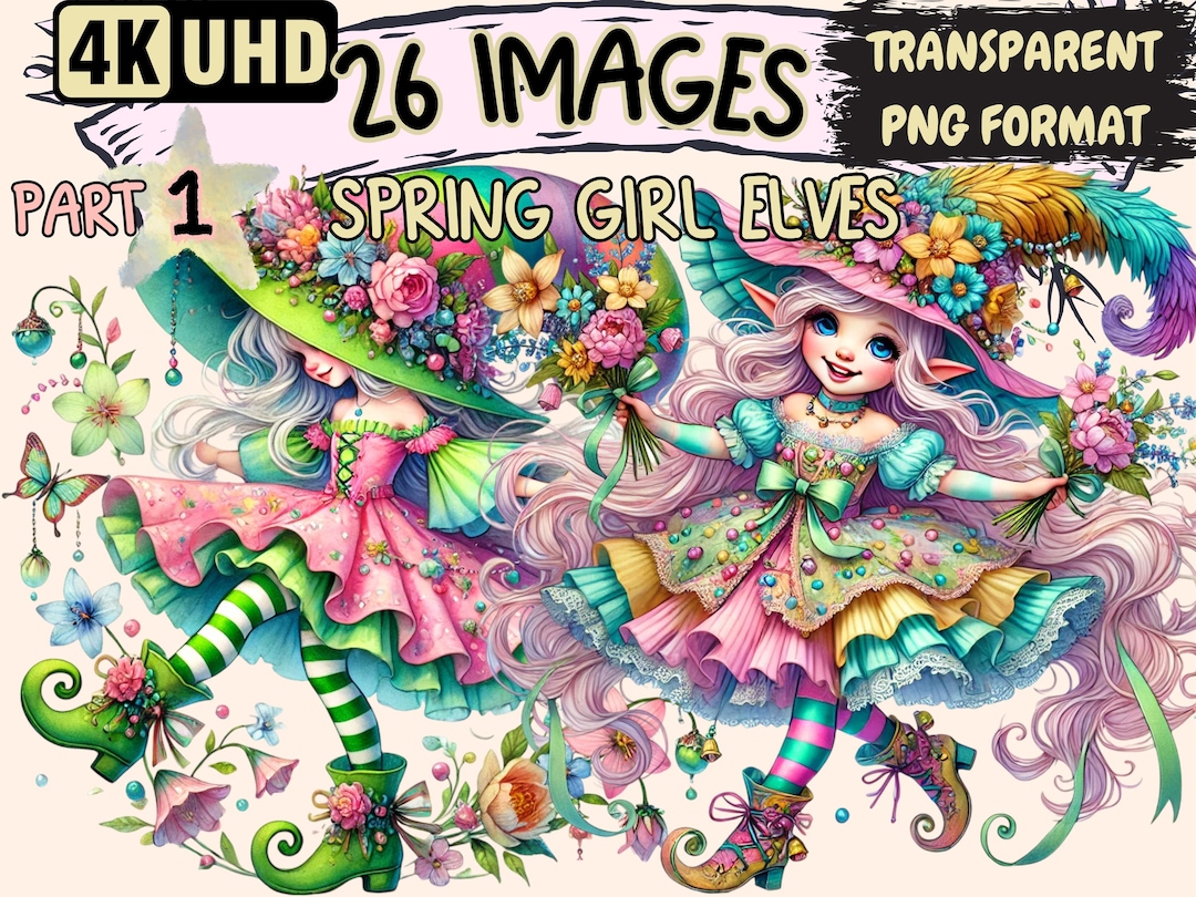 Spring Girl Elves Clipart - 26 PNG Whimsical Elf Illustrations, Floral ...