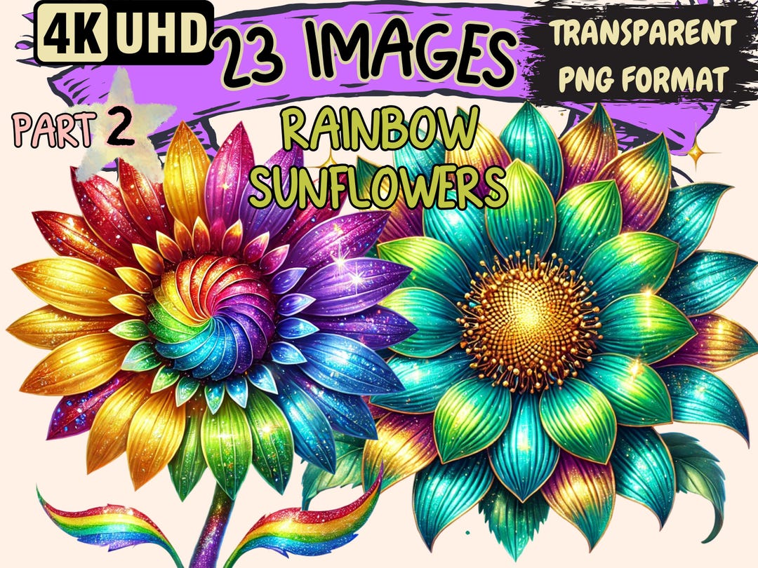 Rainbow Sunflowers (P2) Clipart - 23 PNG Colorful Floral Illustrations ...