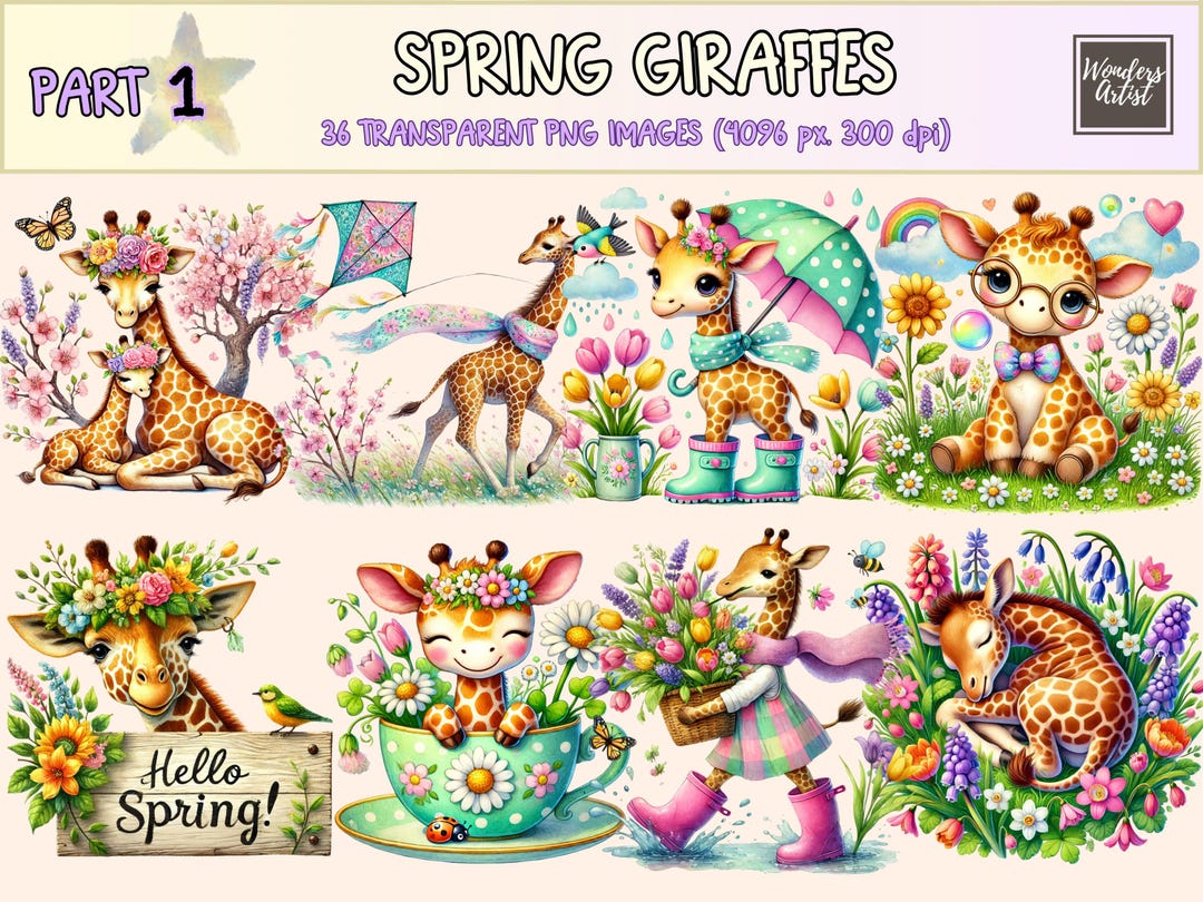 Spring Giraffe Clipart – Floral Giraffe Illustrations (digital Download ...