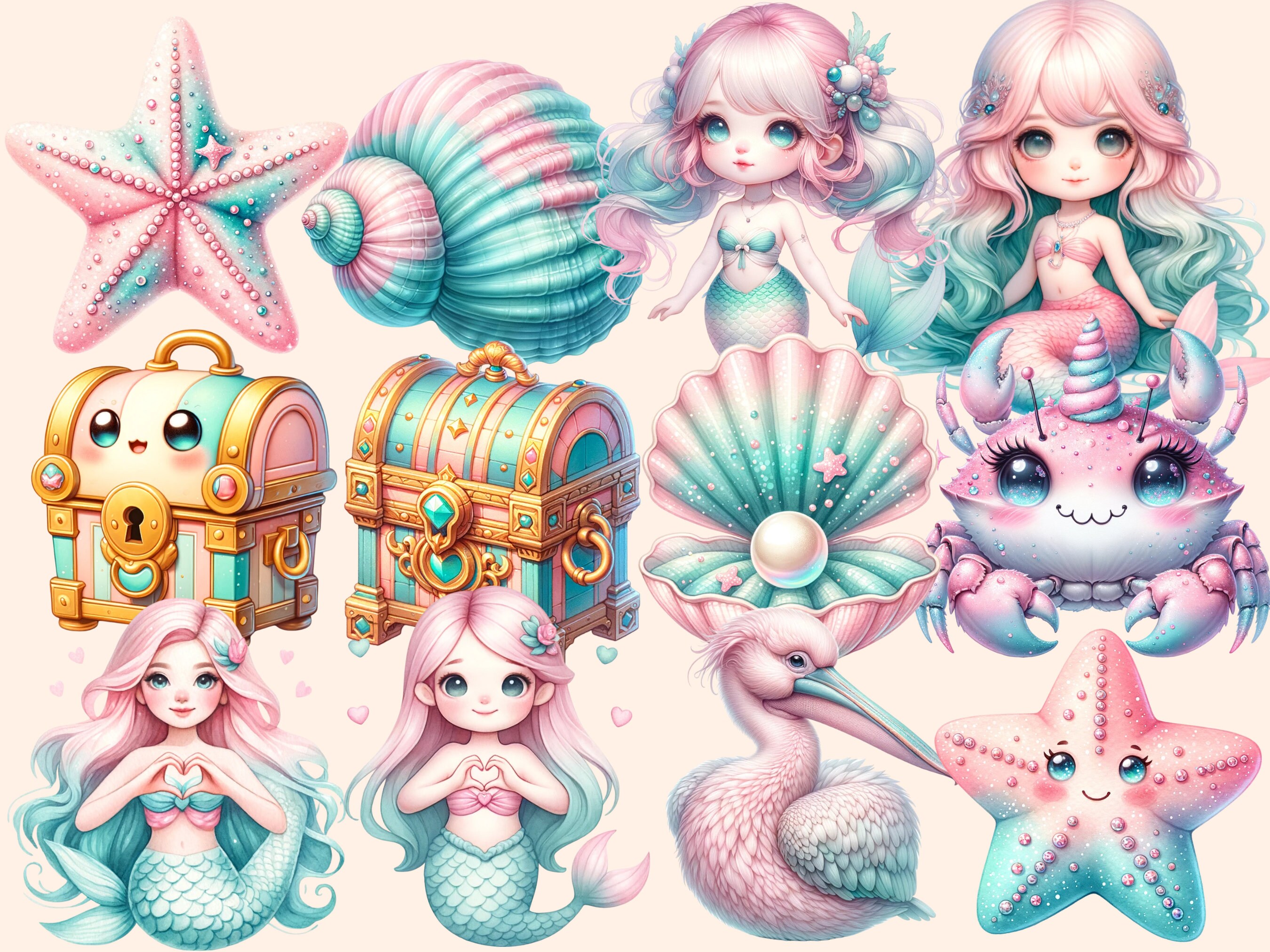 Mermaids Clipart Bundle 24 PNG Beautiful Mermaid Graphics, Underwater ...