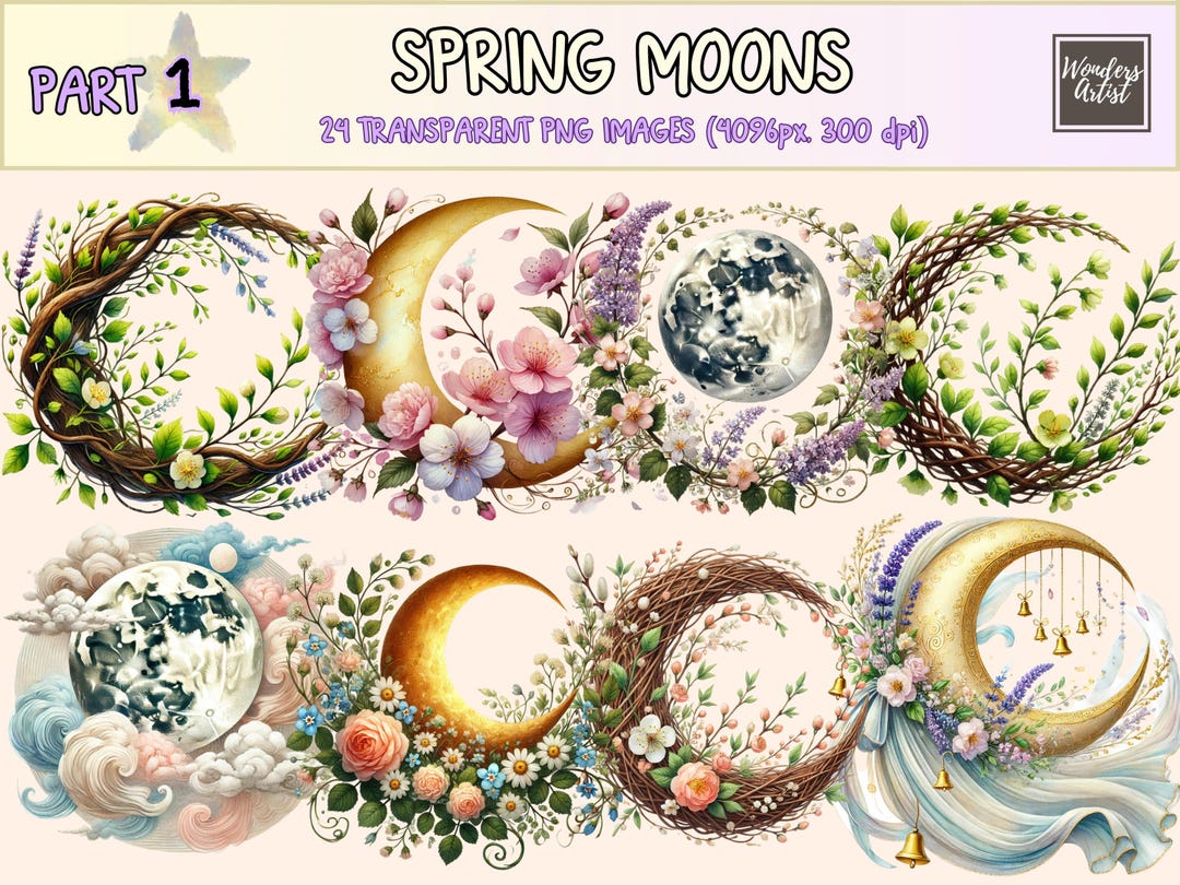 Spring Moons (P1) Clipart - 24 PNG Celestial Floral Graphics, Pastel ...