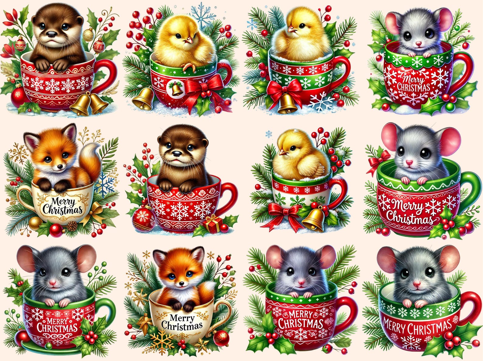 Christmas Mug Animals Clipart – Holiday PNG Illustrations (digital ...