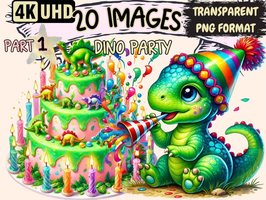 Dino Party Clipart - 20 PNG Fun Dinosaur Graphics, Party Themed ...