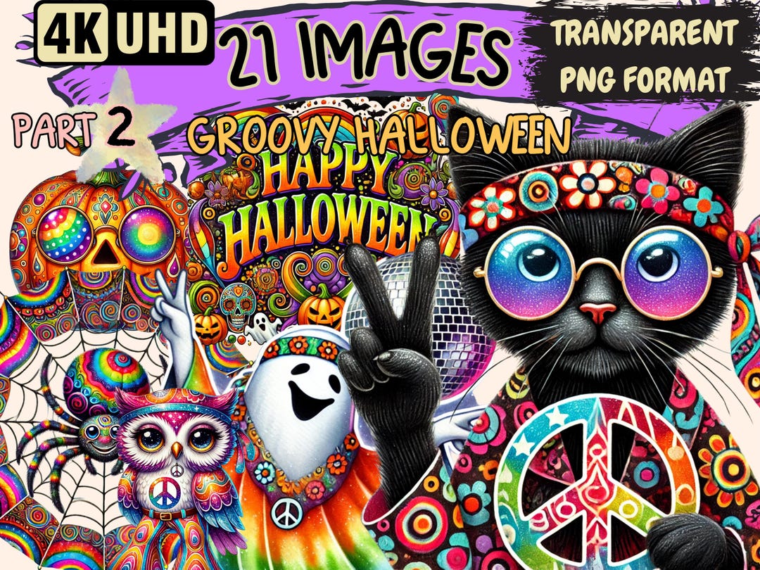 Groovy Halloween (P2) Clipart - 21 PNG Retro Spooky Illustrations ...