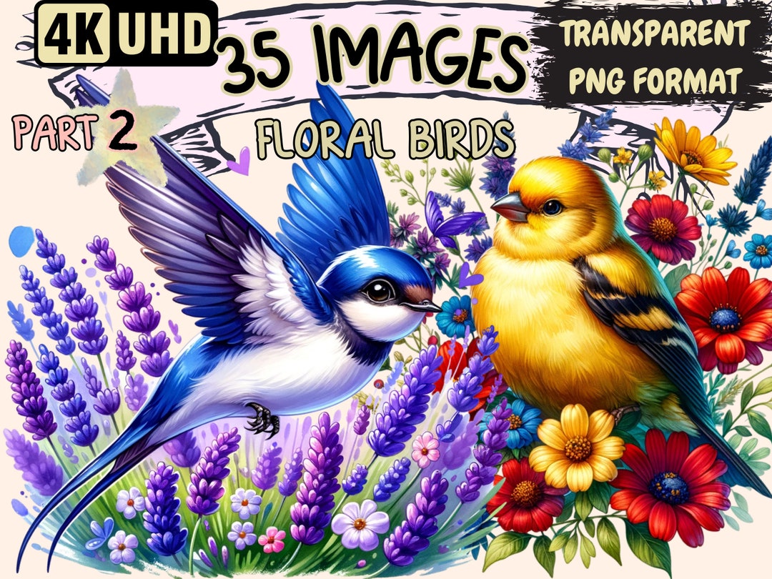 Floral Birds Clipart – 35 PNG Graphics, Flower Printables (digital ...