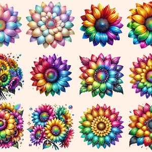 Rainbow Sunflowers Clipart - 24 PNG Colorful Floral Illustrations ...