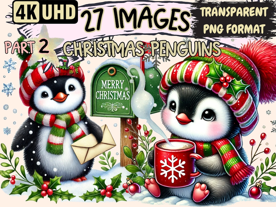 Christmas Penguins (P2) Clipart - 27 PNG Holiday Penguin Illustrations ...