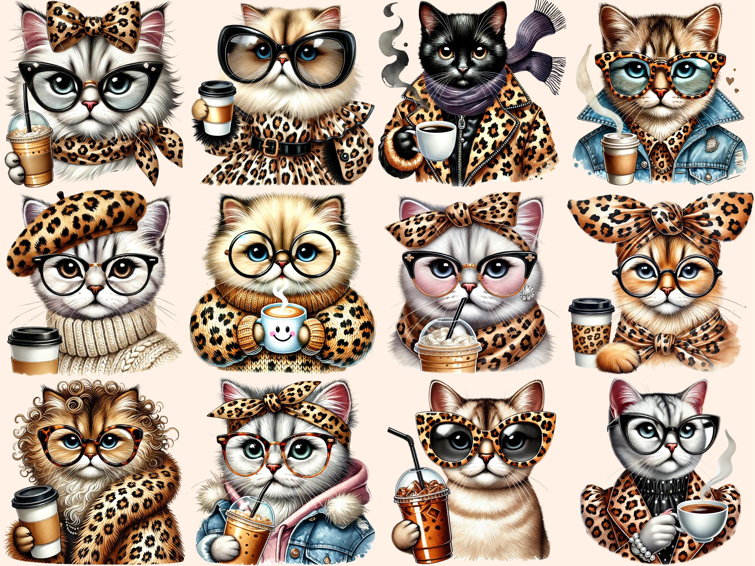 Leopard Print Cats Clipart – 35 PNG Stylish Illustrations (digital ...