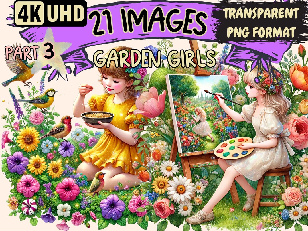 Garden Girls Clipart – 21 PNG Floral Illustrations, Commercial Use ...