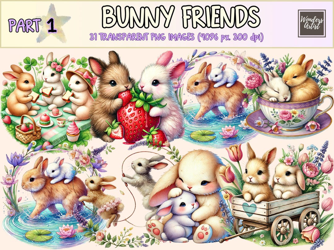 Bunny Friends Clipart – Watercolor Rabbit PNG Graphics, Spring Animal ...