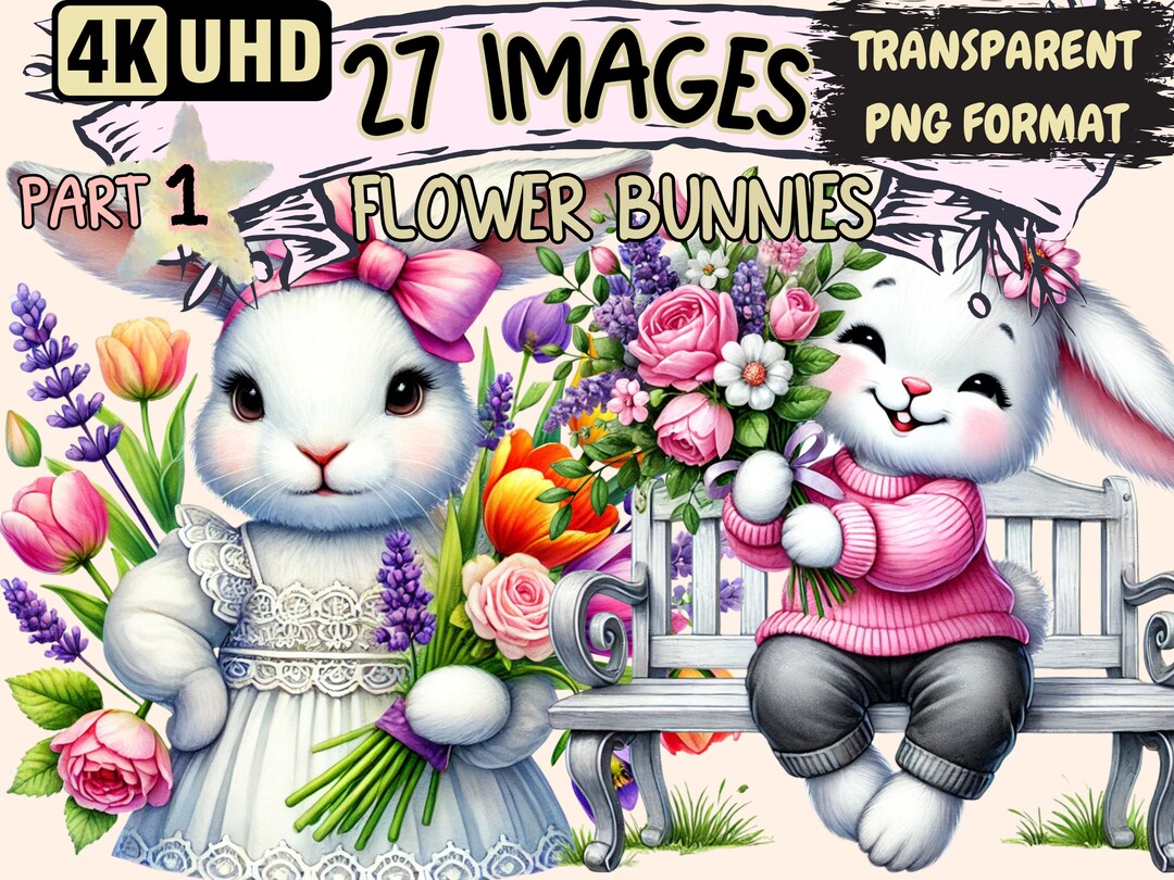 Flower Bunnies Clipart - 27 PNG Floral Rabbit Illustrations, Spring ...