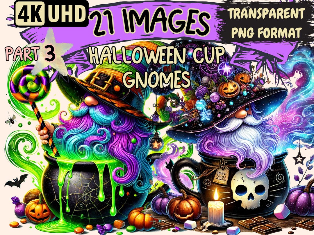 Halloween Cup Gnomes (P3) Clipart - 21 PNG Cute Gnome Graphics, Witchy ...