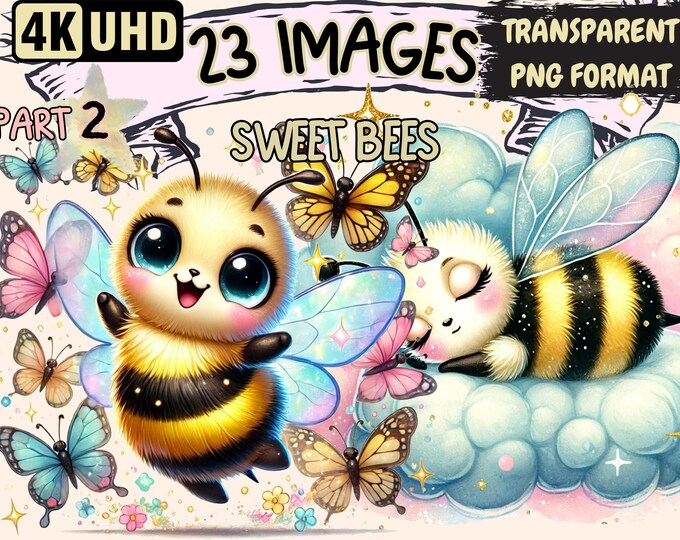 Sweet Bees (P2) Clipart - 23 PNG Adorable Bee Illustrations, Cute Honey ...