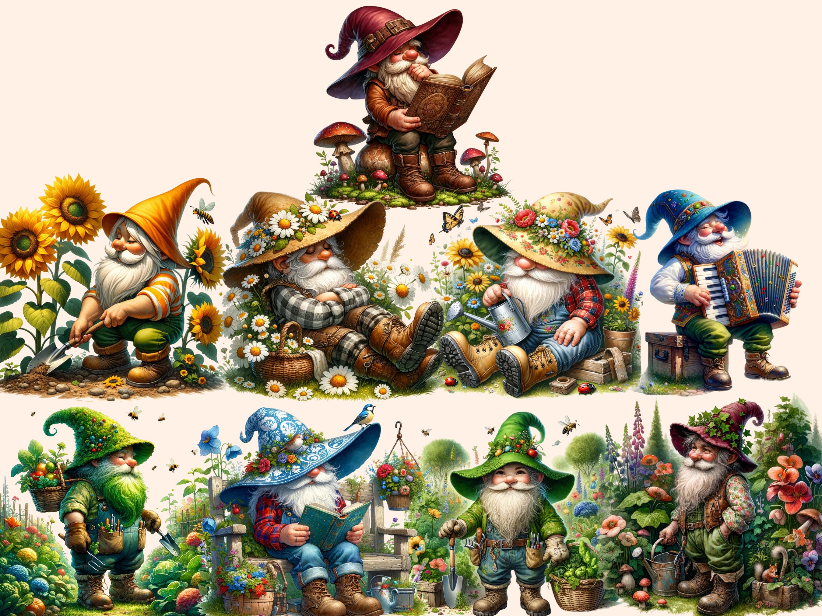 Garden Gnomes Clipart Bundle 45 PNG Springtime Gardener Gnome, Cute ...