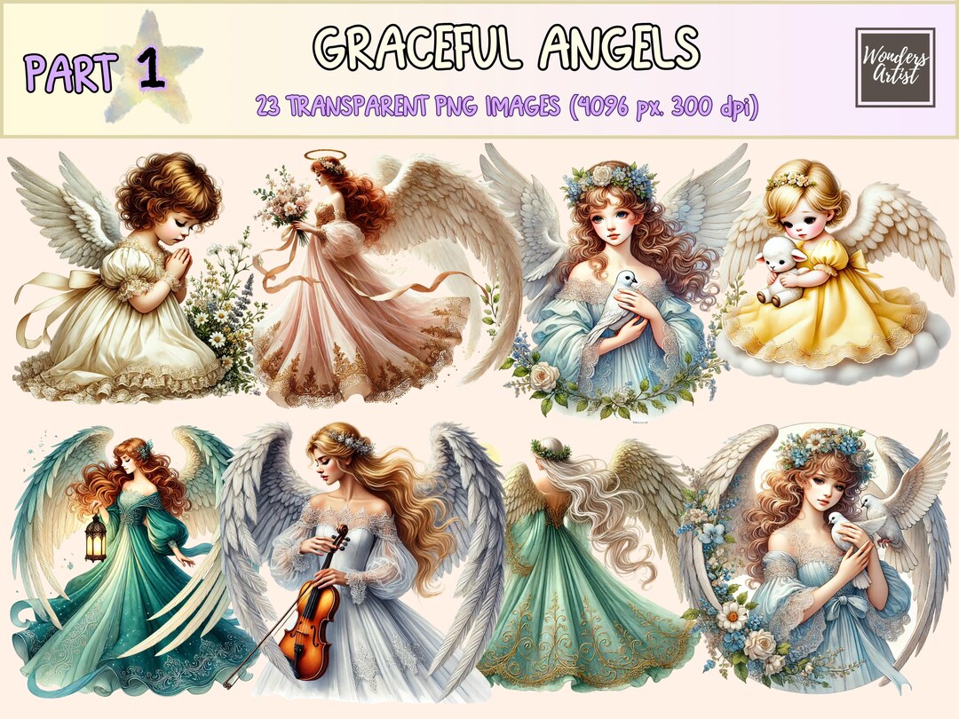 Graceful Angels Clipart - 23 PNG Elegant Celestial Graphics, Heavenly ...