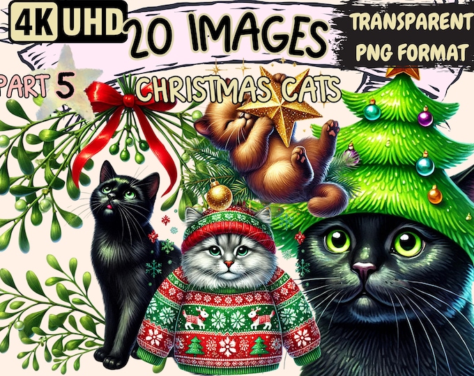 Quirky Christmas Cats Clipart Set – 19 Pngs, Festive Feline Art for ...