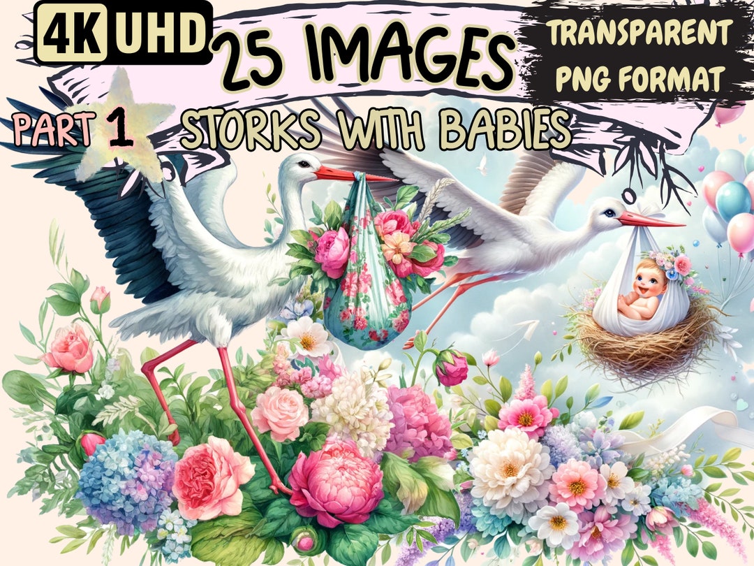 Storks With Babies Clipart - 25 PNG Adorable Stork Graphics, Baby ...