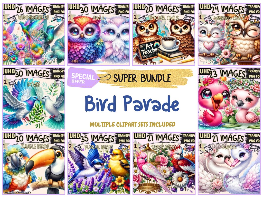 Bird Parade Clipart Super Bundle – Watercolor PNG Graphics (digital ...