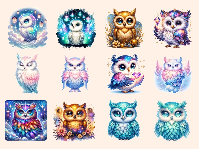 Glitter Owls Clipart – 28 Sparkling PNG Graphics, Commercial Use ...