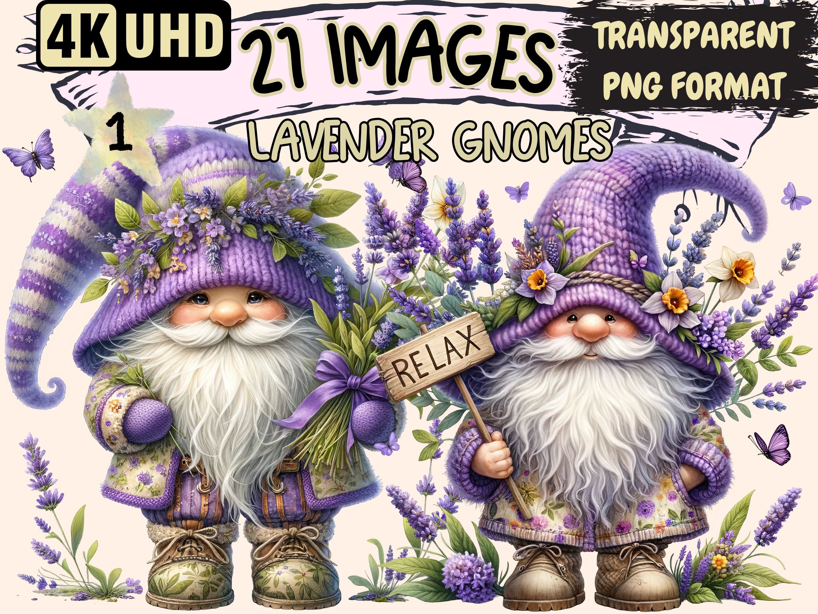 Lavender Gnomes Clipart Bundle 21 PNG Purple Gnome Graphics, Floral ...