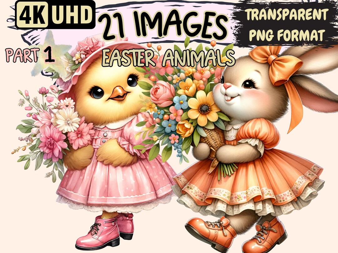 Easter Animals Clipart – Spring Floral PNG Graphics (digital Download ...