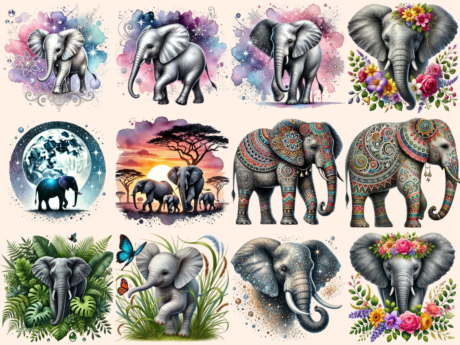 Elephants (P3) Clipart - 20 PNG Cute Elephant Graphics, Adorable Animal ...