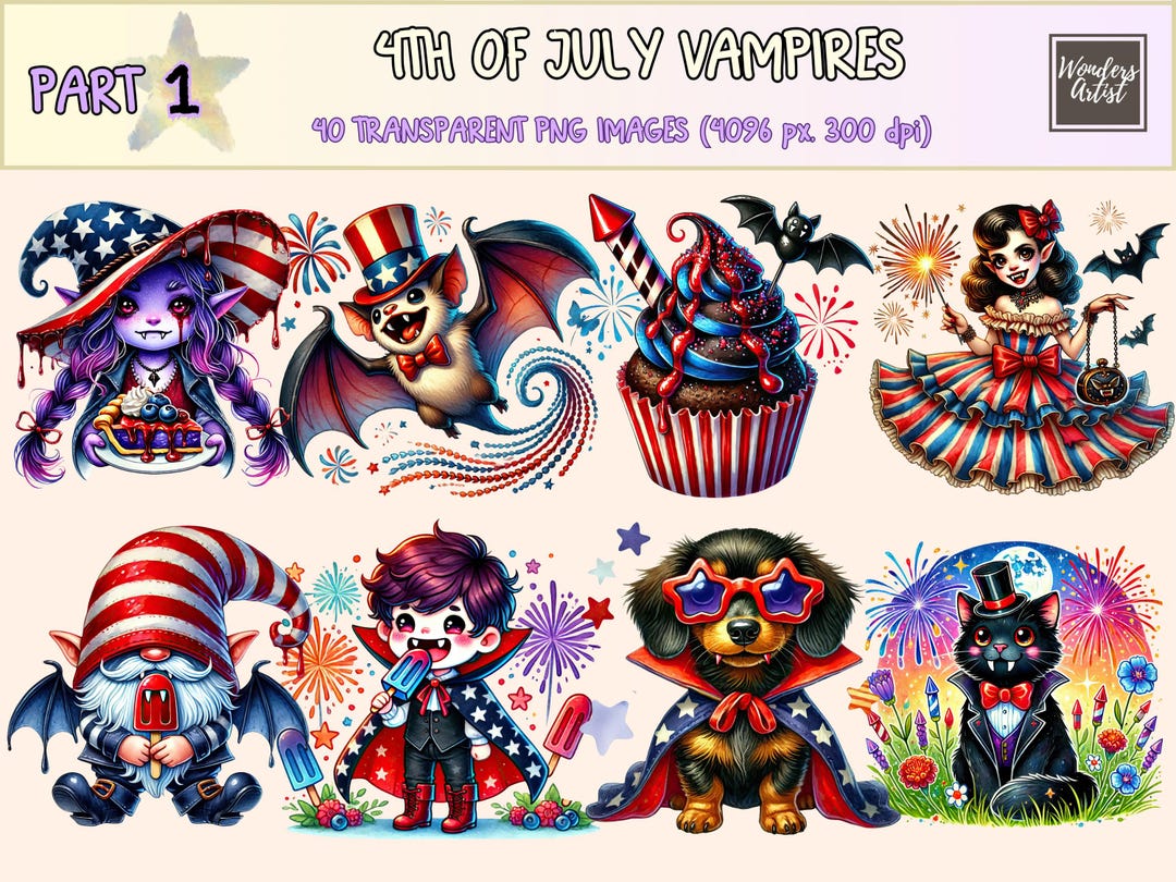 4th of July Vampires Clipart – Patriotic Gothic PNG Graphics (digital ...
