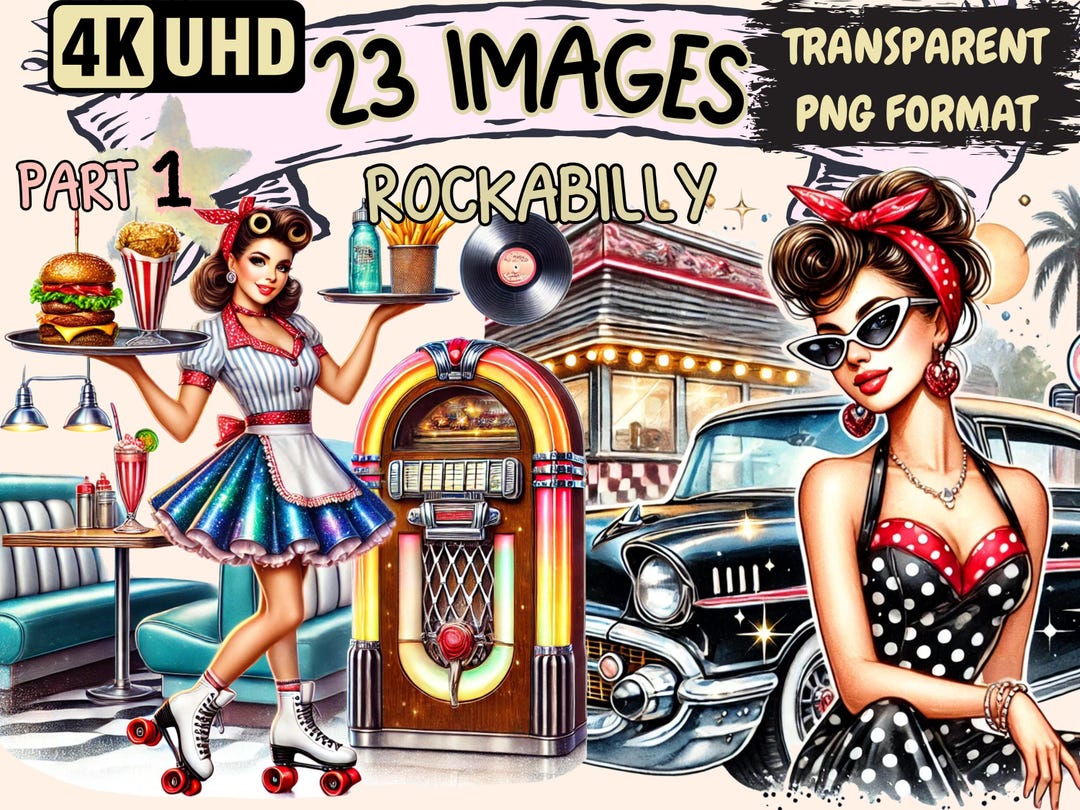 Rockabilly Clipart - 23 PNG Retro Music Illustrations, Old School Vintage Art, Instant Digital ...