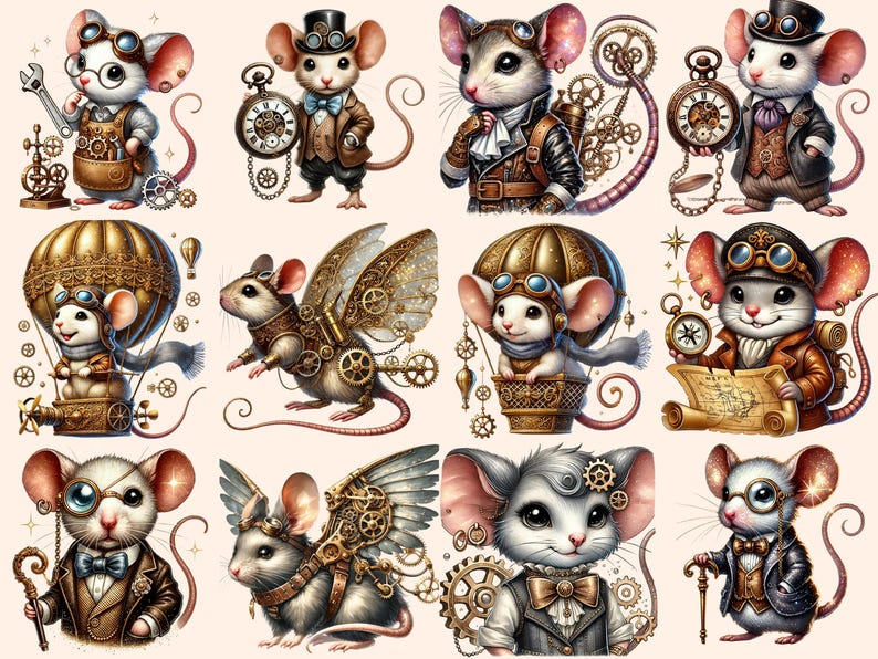 Steampunk Mice Clipart - Mechanical Mouse PNG Illustrations (digital ...