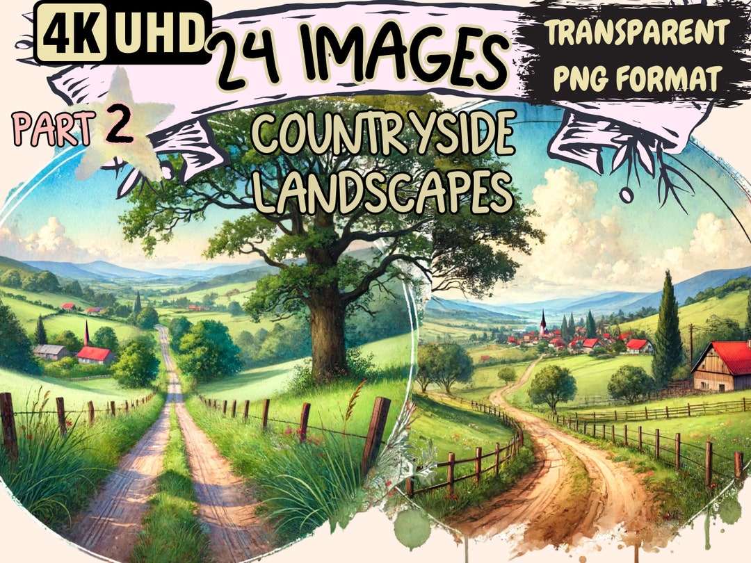 Countryside Landscape Clipart – 24 PNG Scenic Cottage Graphics (digital ...