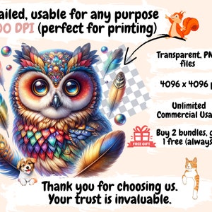 Boho Owls Clipart - 19 PNG Whimsical Owl Graphics, Bohemian Printables ...