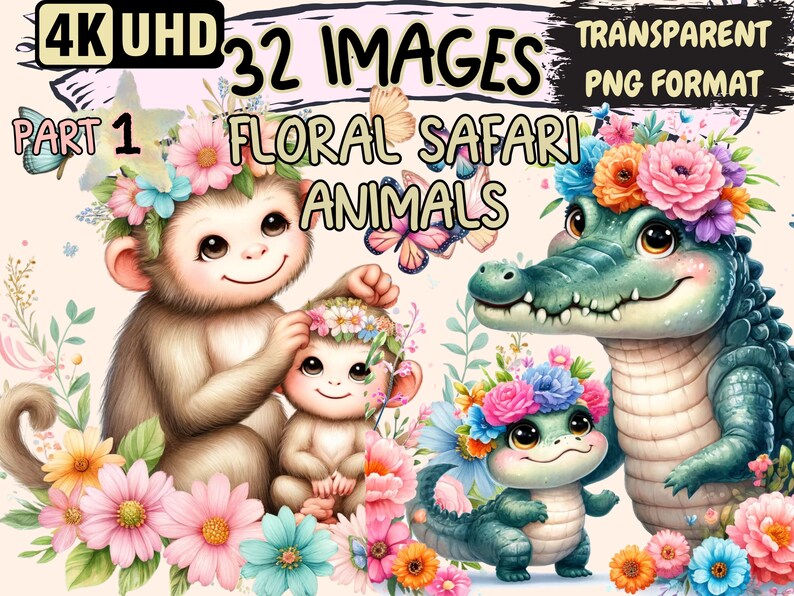 Floral Safari Animal Clipart 32 PNG Charming Safari Graphics, Floral ...