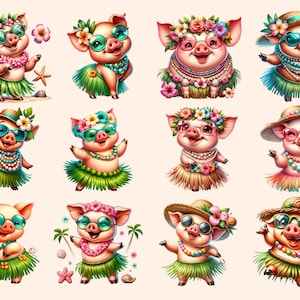 Hula Pigs Clipart - 17 PNG Tropical Pig Graphics, Colorful Hawaii Piggy ...