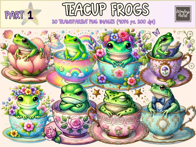 Teacup Frog Clipart: Kawaii Pastel Tea Party Graphics (30 PNG ...