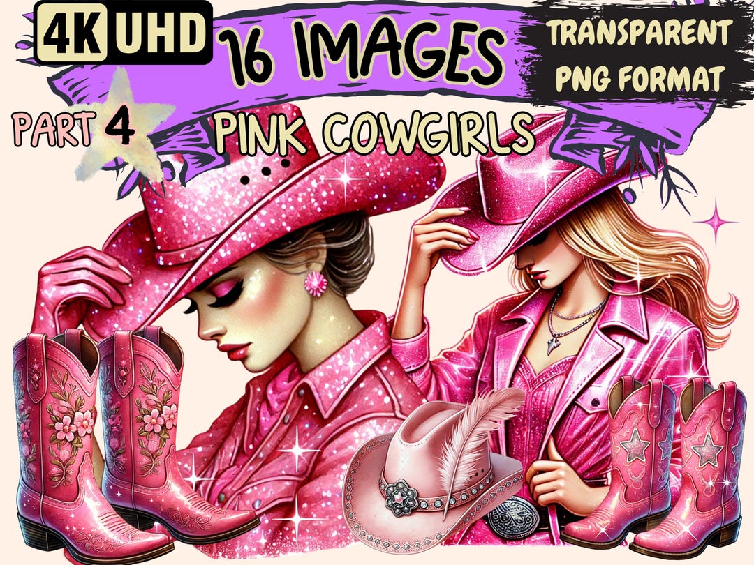 Pink Cowgirls (P4) Clipart - 16 PNG Western-themed Illustrations, Girl ...