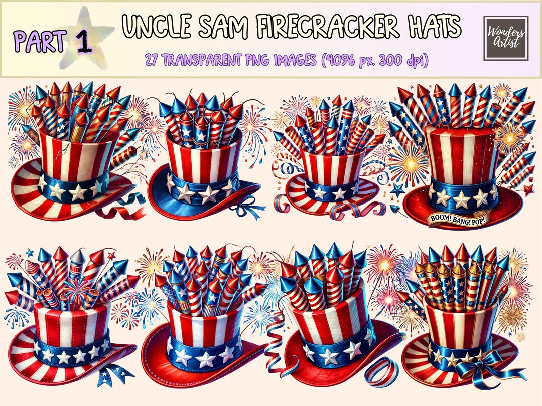 Uncle Sam Firecracker Hats Clipart - 27 PNG Patriotic USA Graphics, 4th ...