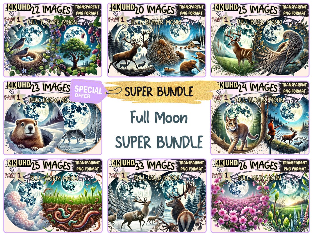 Full Moon SUPER BUNDLE - 12 Clipart Bundles Inside, Celestial Night ...