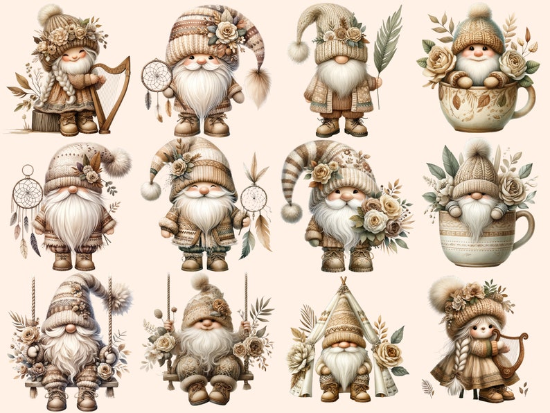 Boho Gnomes Clipart – 24 PNG Bohemian Flower Graphics (digital Download ...