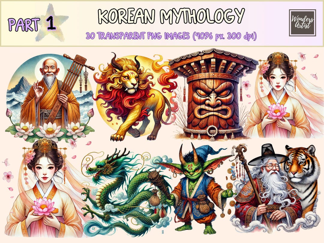 Korean Mythology Clipart - 30 PNG Folklore Creature Graphics, Legendary ...