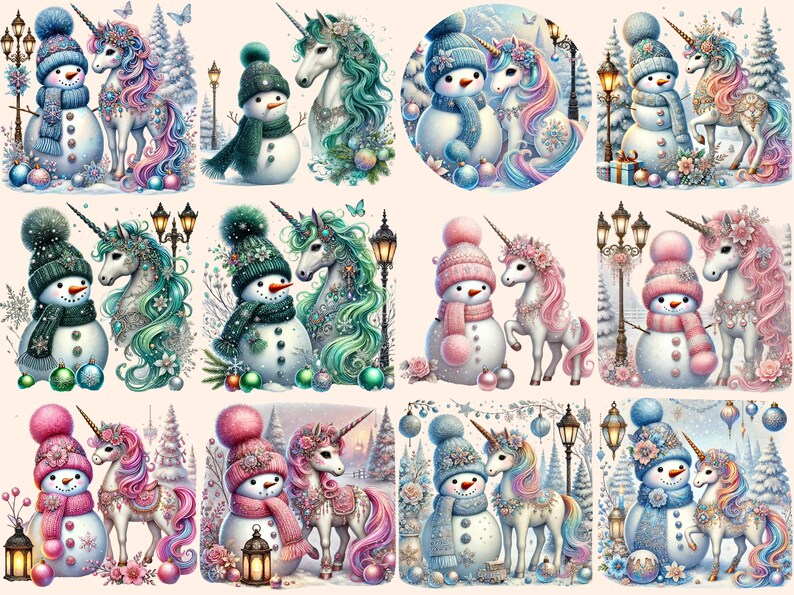 Snowmen and Unicorns Clipart – Winter Fantasy PNG Illustrations ...