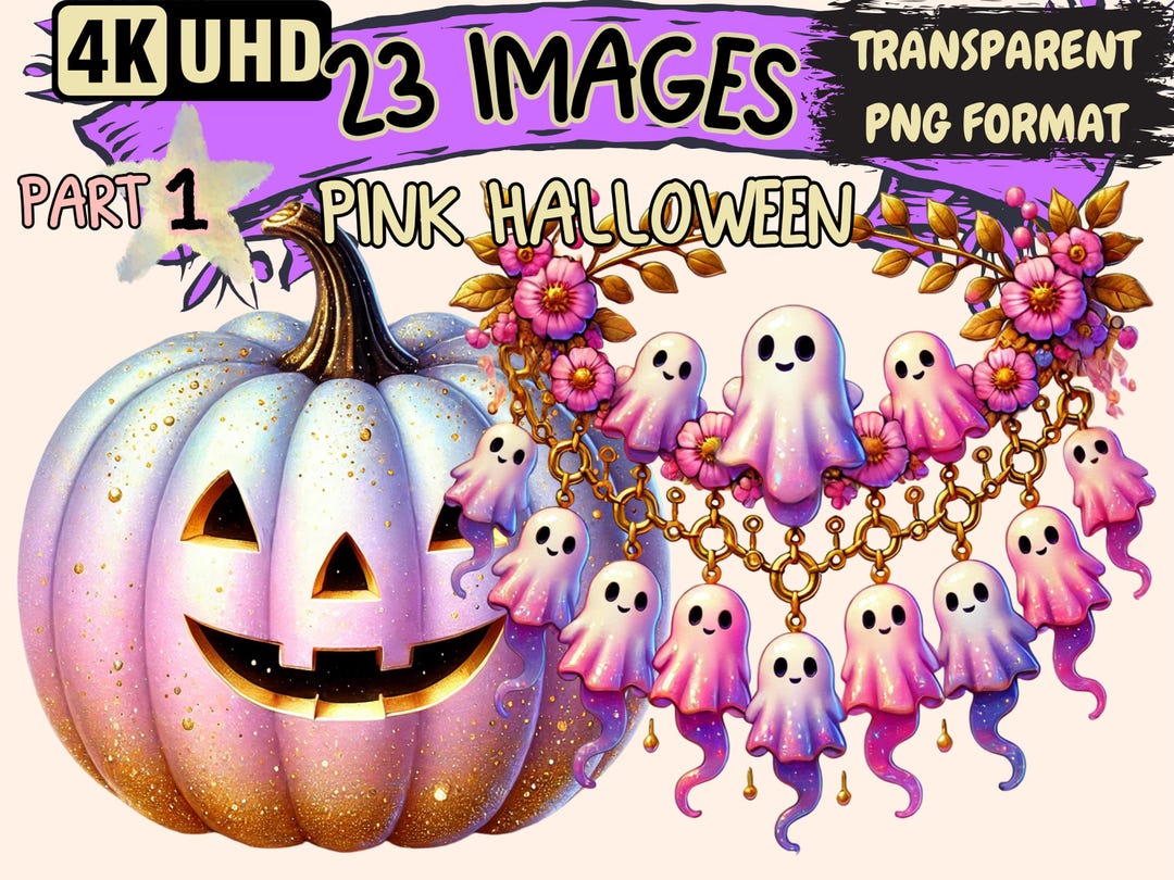 Pink Halloween Clipart - 23 PNG Cute Spooky Graphics, Pastel Witchy ...