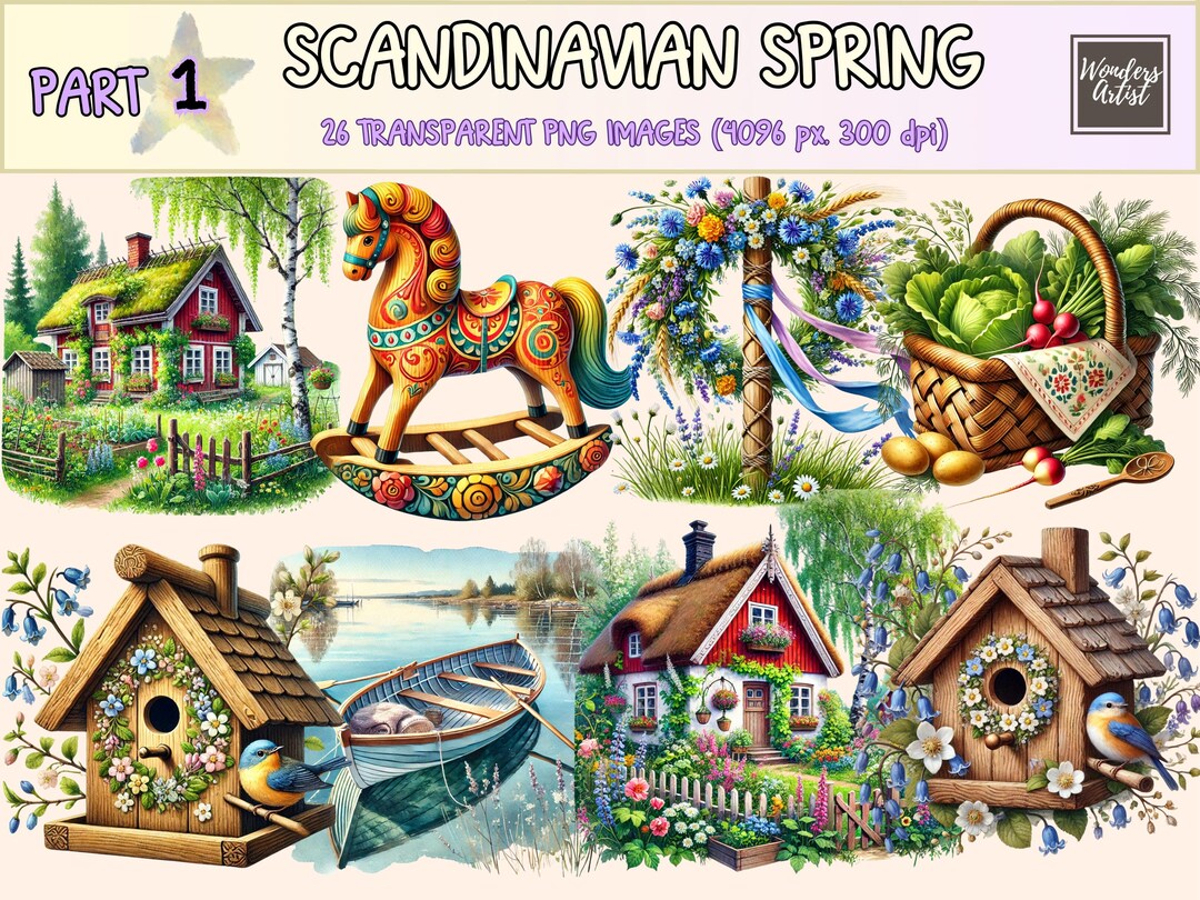 Scandinavian Spring (P1) Clipart - 26 PNG Nordic Floral Graphics ...