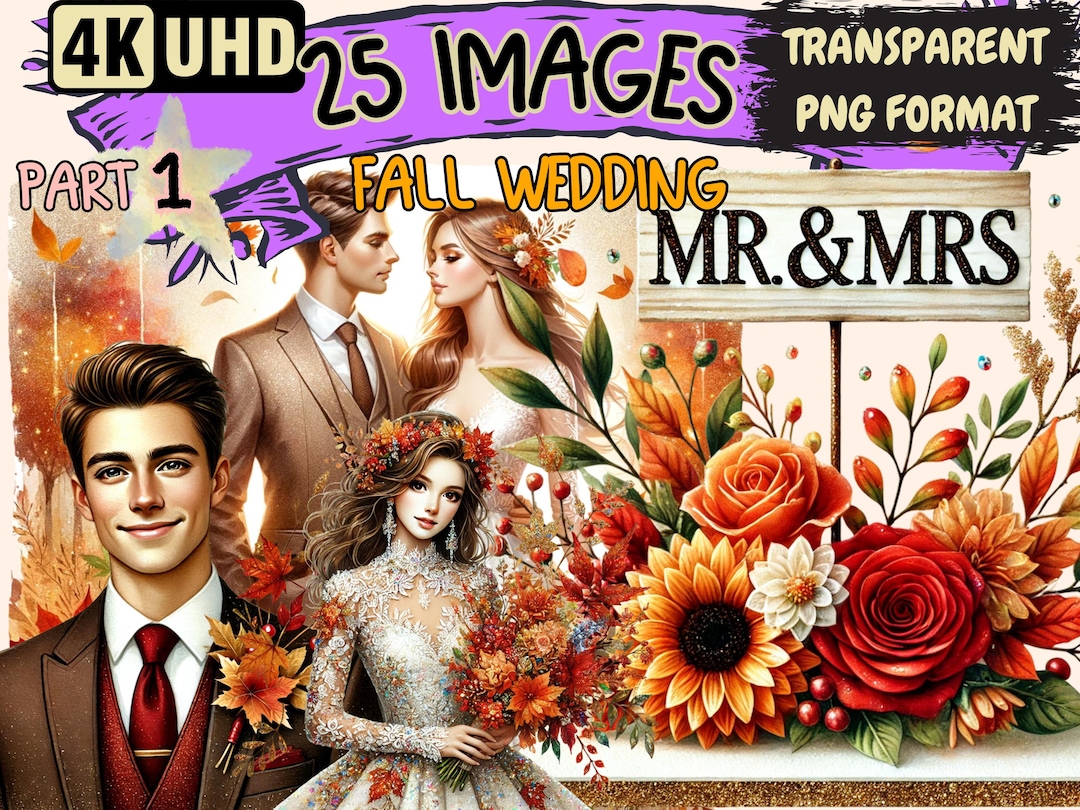 Fall Wedding Clipart - 25 PNG Autumn-themed Bridal Illustrations ...