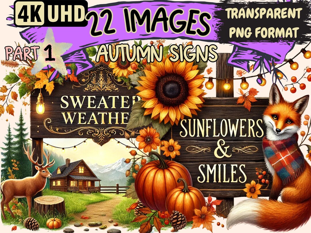 Autumn Signs Clipart - 22 PNG Fall-themed Sign Illustrations, Seasonal ...