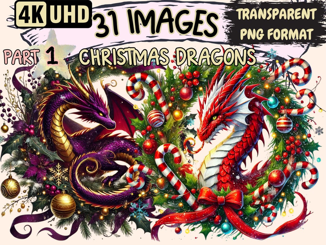 Christmas Dragons Clipart - Festive Holiday PNG Illustrations (digital ...