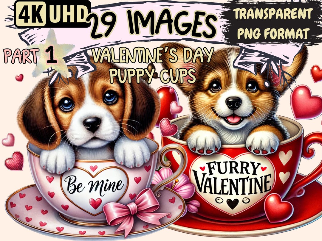 Valentine's Day Puppy Cups Clipart – 29 PNG Graphics (digital Download ...
