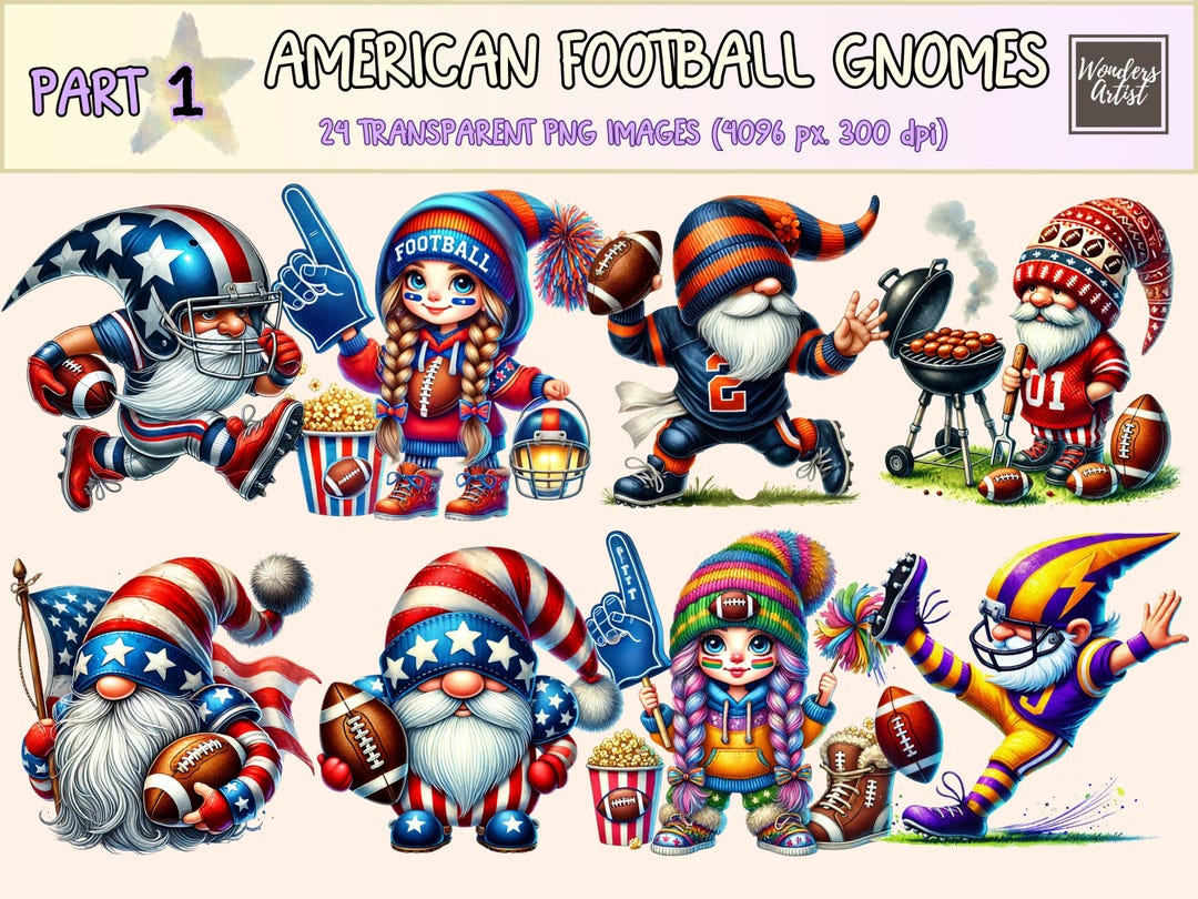 American Football Gnomes Clipart - 24 PNG Sports Gnome Graphics, USA ...