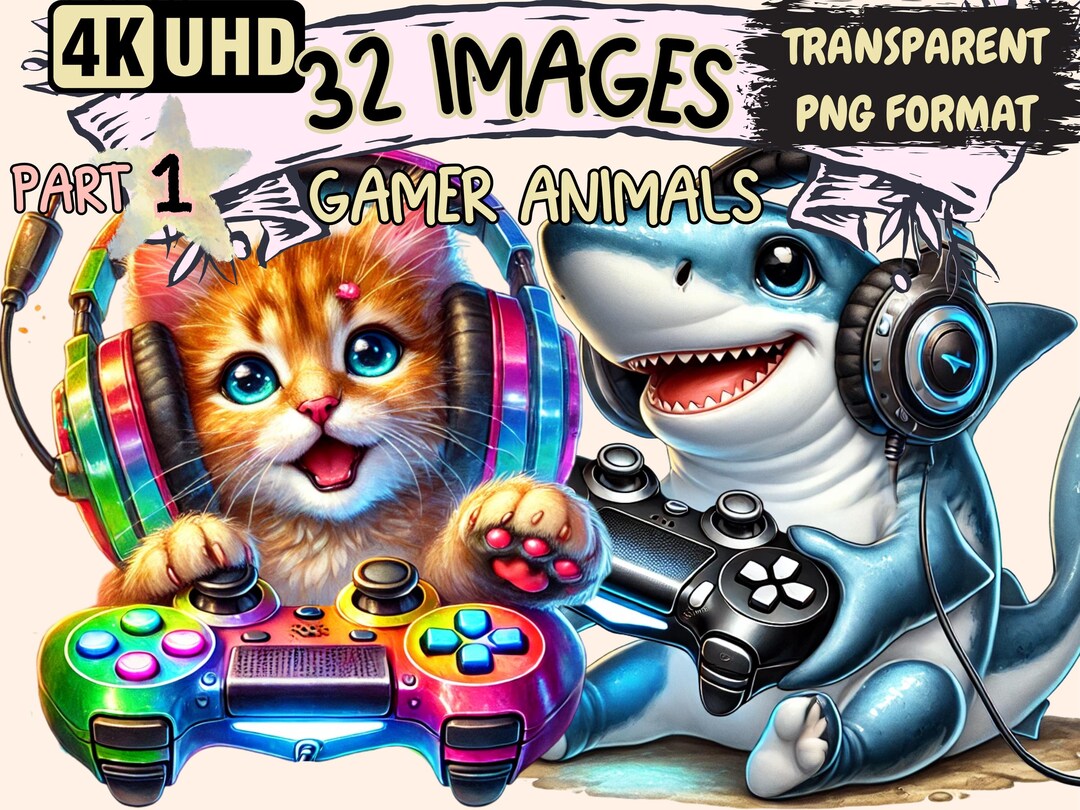 Gamer Animals Clipart - 32 PNG Playful Animal Illustrations With Gaming ...