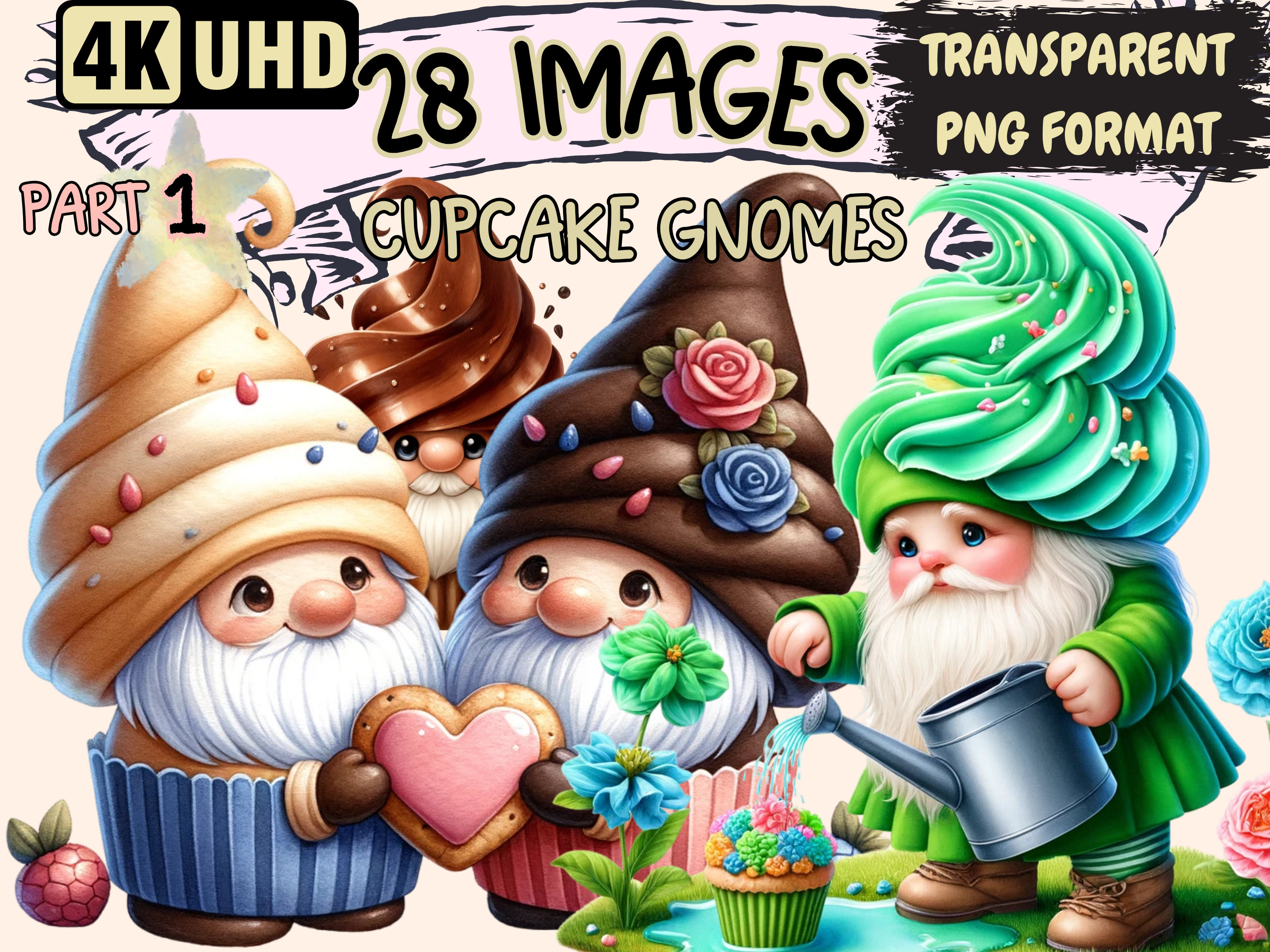 Cupcake Gnomes Clipart – 28 PNG Sweet Dessert Graphics (digital ...
