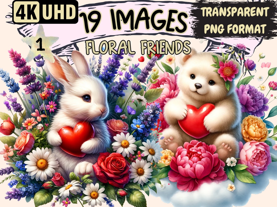 Floral Friends Clipart - 19 PNG Cute Little Floral Animals Graphics ...